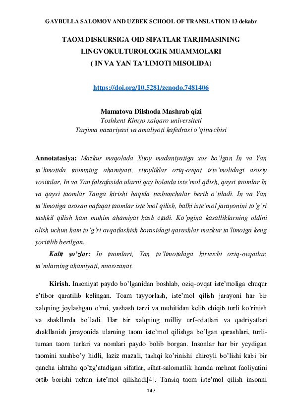 (PDF) Taom Diskursiga Oid Sifatlar Tarjimasining Lingvokulturologik ...