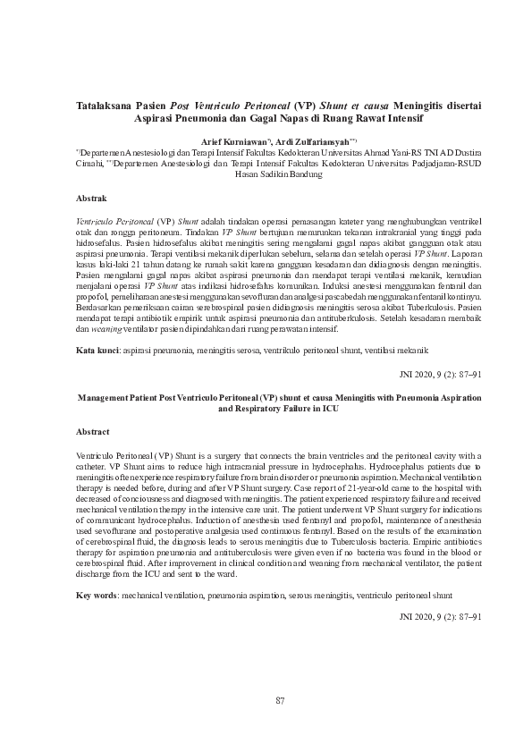 (PDF) Tatalaksana Pasien Post Ventriculo Peritoneal (VP) Shunt et causa ...