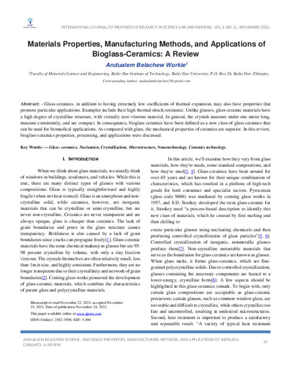(PDF) Materials Properties, Manufacturing Methods, and Applications of Bioglass-Ceramics: A Review