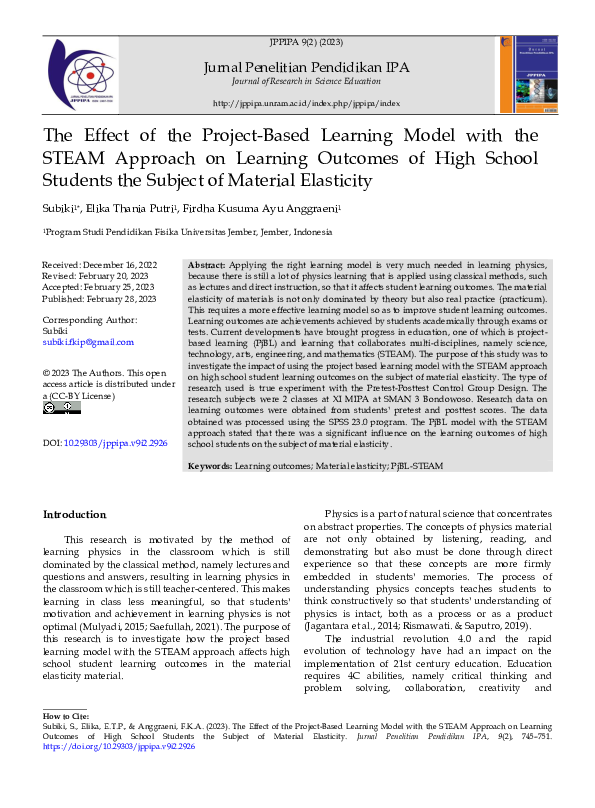(PDF) Effect of the Project-Based Learning Model with the STEAM Approach on Learning Outcomes of ...
