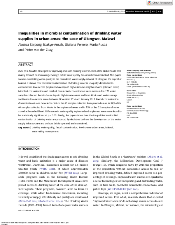 (PDF) Inequalities in microbial contamination of drinking water supplies in urban areas: the ...