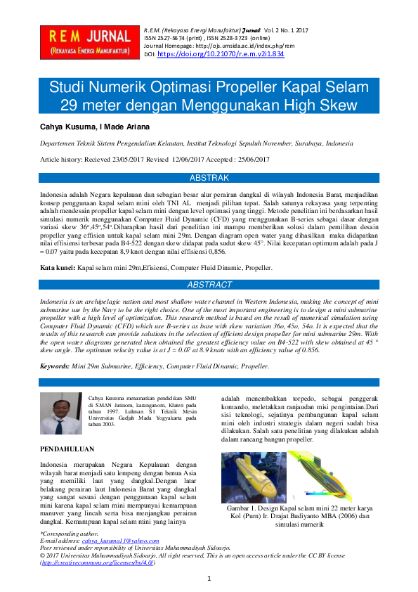 (PDF) Studi Numerik Optimasi Propeller Kapal Selam 29 meter Dengan Menggunakan High Skew