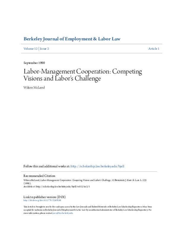 (PDF) Labor-Management Cooperation: Competing Visions and Labor's Challenge