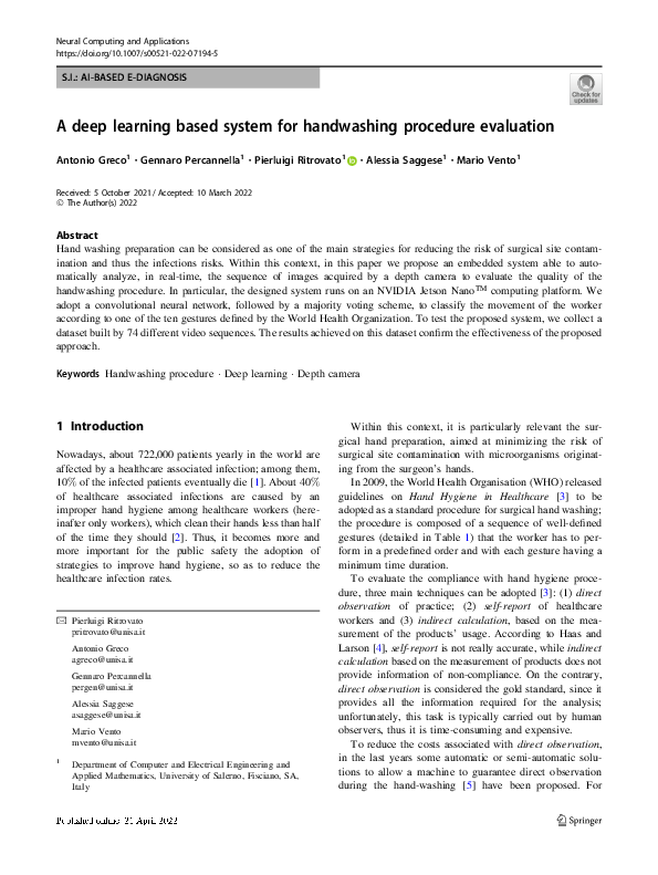 (PDF) A deep learning based system for handwashing procedure evaluation | Pierluigi RITROVATO ...