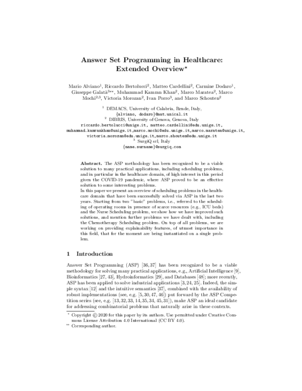 (PDF) Answer Set Programming in Healthcare: Extended Overview