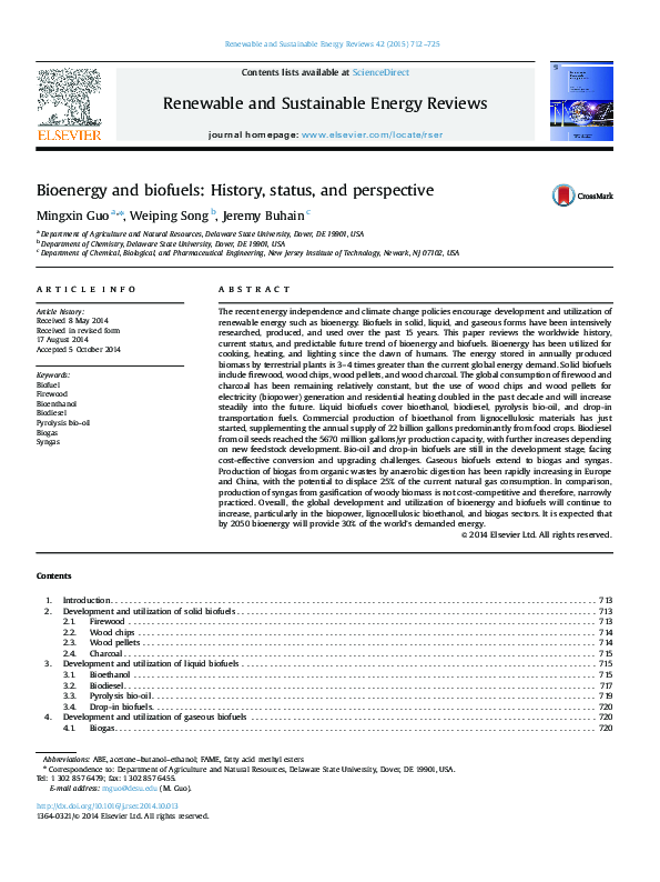 (PDF) Bioenergy and biofuels: History, status, and perspective