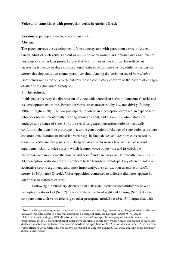 (PDF) Voice and transitivity with perception verbs in Ancient Greek