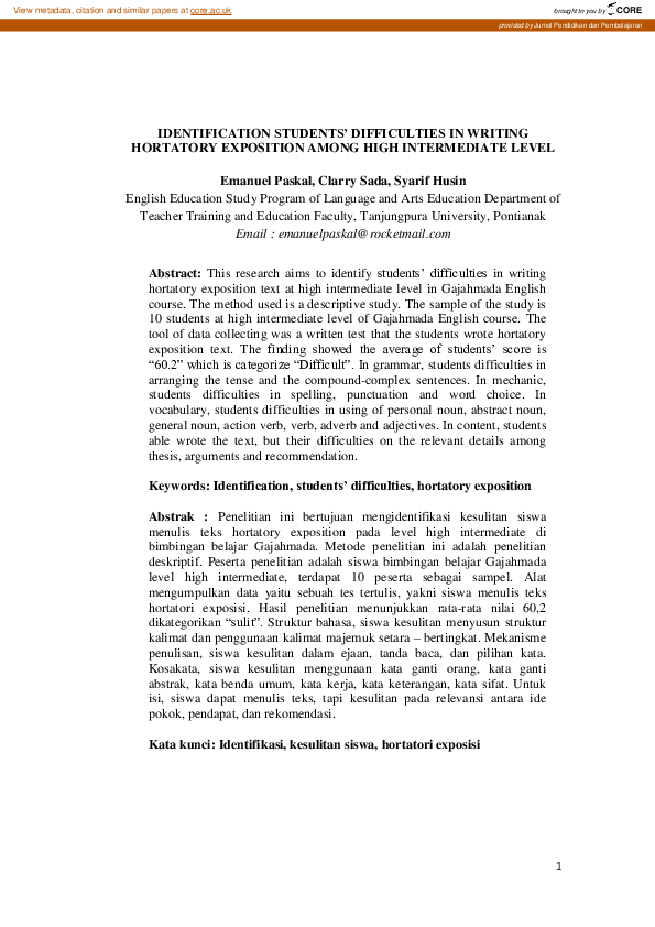 (PDF) Identification Students’ Difficulties in Writing Hortatory Exposition Among High ...