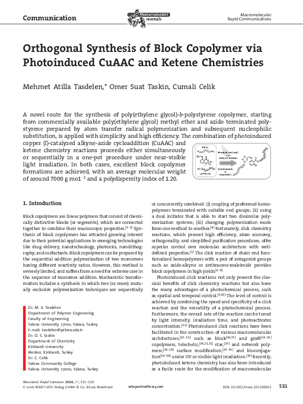 (PDF) Photoinduced CuAAC and Ketene Chemistries for Block Copolymer Synthesis
