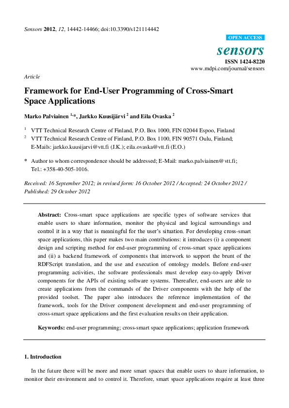 Pdf Framework For End User Programming Of Cross Smart Space Applications Eila Ovaska