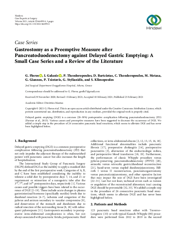 (PDF) Gastrostomy as a Preemptive Measure after Pancreatoduodenectomy ...