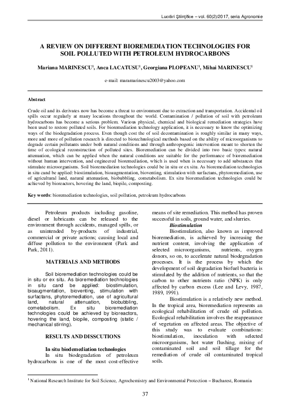 (PDF) A Review on Different Bioremediation Technologies for Soil Polluted with Petroleum ...