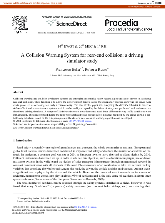 (PDF) A Collision Warning System for rear-end collision: a driving ...