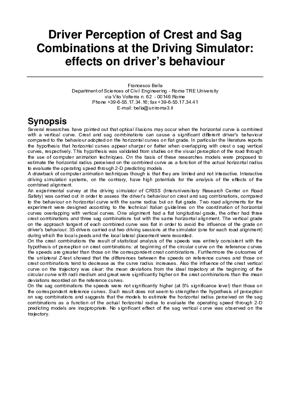 (PDF) Driver Perception of Crest and Sag Combinations at the Driving Simulator: Effects on ...