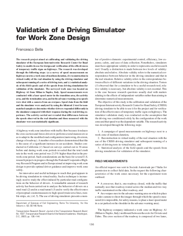 (PDF) Validation of a Driving Simulator for Work Zone Design