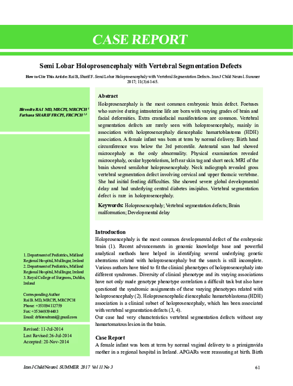 (PDF) Semi Lobar Holoprosencephaly with Vertebral Segmentation Defects