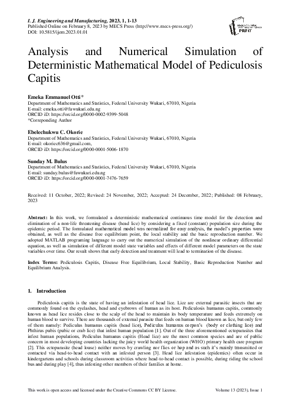 (PDF) Analysis and Numerical Simulation of Deterministic Mathematical Model of Pediculosis Capitis