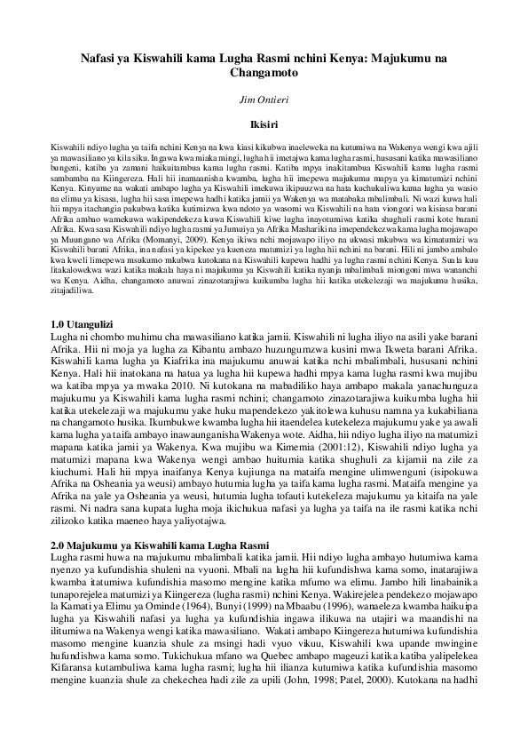 (PDF) Nafasi ya Kiswahili kama Lugha Rasmi nchini Kenya: Majukumu na Changamoto | James Omari ...
