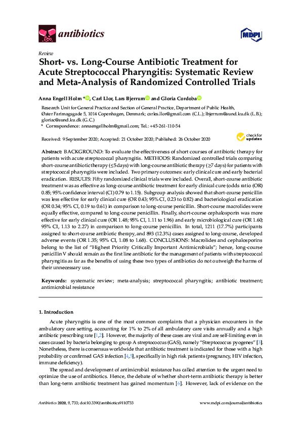 Pdf Short Vs Long Course Antibiotic Treatment For Acute Streptococcal Pharyngitis