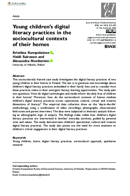(PDF) Young children’s digital literacy practices in the sociocultural contexts of their homes