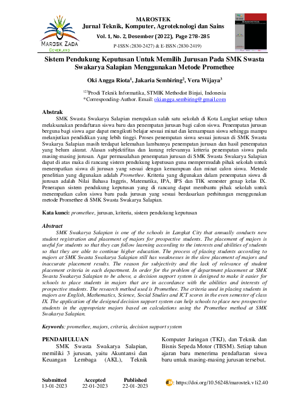 (PDF) Sistem Pendukung Keputusan Untuk Memilih Jurusan Pada SMK Swasta Swakarya Salapian ...