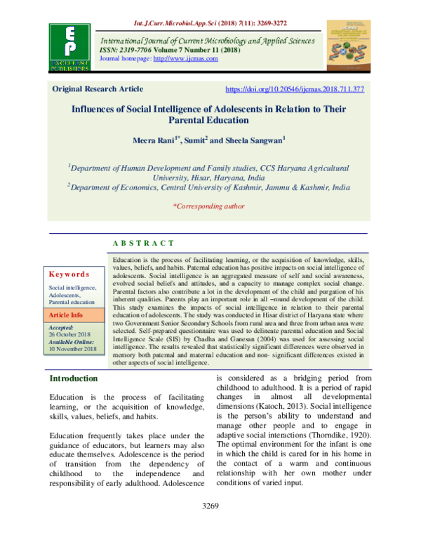 (PDF) Influences of Social Intelligence of Adolescents in Relation to ...