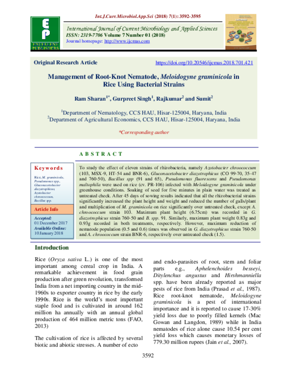 (PDF) Management of Root-Knot Nematode, Meloidogyne graminicola in Rice Using Bacterial Strains