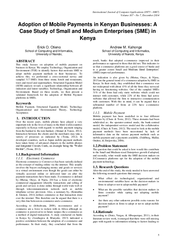 (PDF) Adoption of Mobile Payments in Kenyan Businesses: A case study of ...
