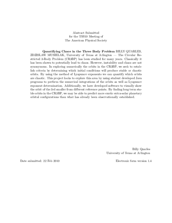 Pdf Quantifying Chaos In The Three Body Problem