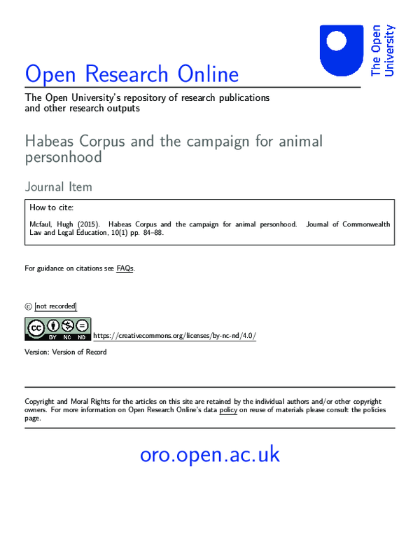 (PDF) Habeas Corpus and the campaign for animal personhood