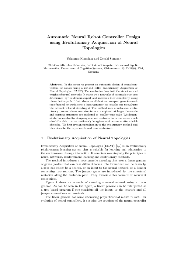 (PDF) Automatic Neural Robot Controller Design using Evolutionary Acquisition of Neural Topologies