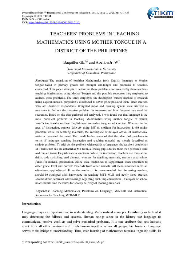 (PDF) Teachers’ Problems in Teaching Mathematics Using Mother Tongue in ...