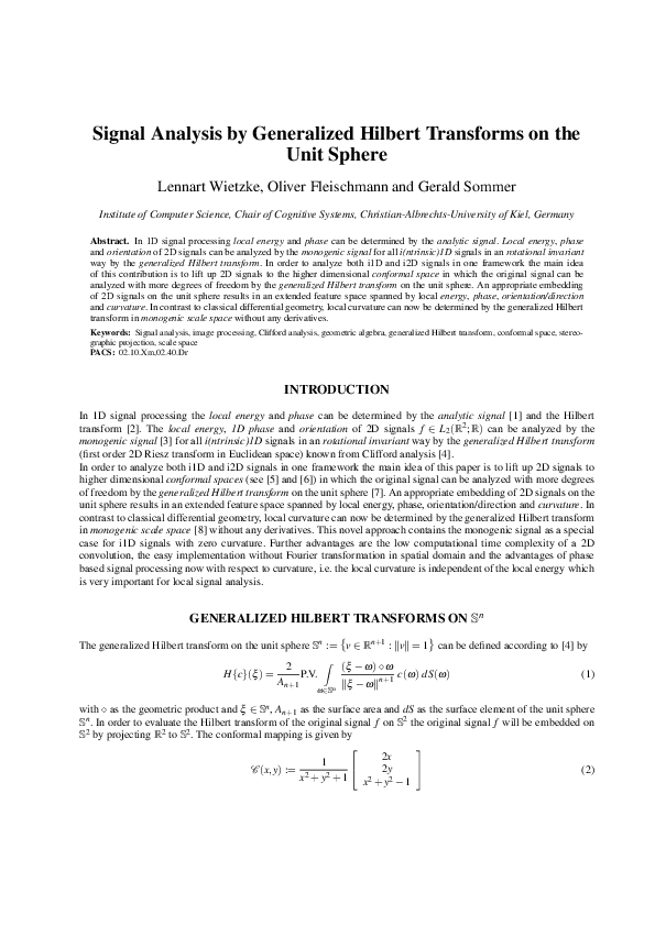 (PDF) Signal Analysis by Generalized Hilbert Transforms on the Unit Sphere