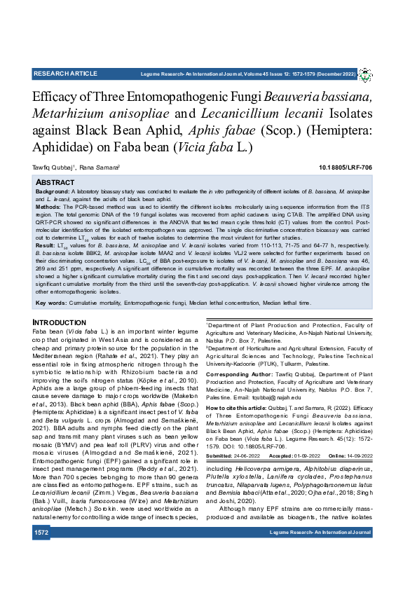 (PDF) Efficacy of Three Entomopathogenic Fungi Beauveria bassiana, Metarhizium anisopliae and ...
