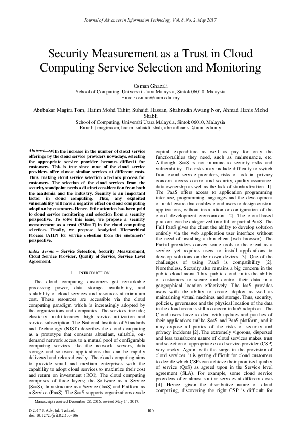 (PDF) Security Measurement as a Trust in Cloud Computing Service Selection and Monitoring ...