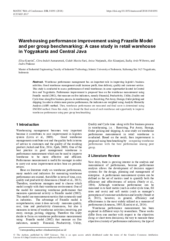 (PDF) Warehousing performance improvement using Frazelle Model and per group benchmarking: A ...