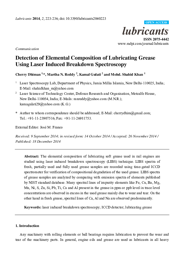 (PDF) Detection of Elemental Composition of Lubricating Grease Using Laser Induced Breakdown ...