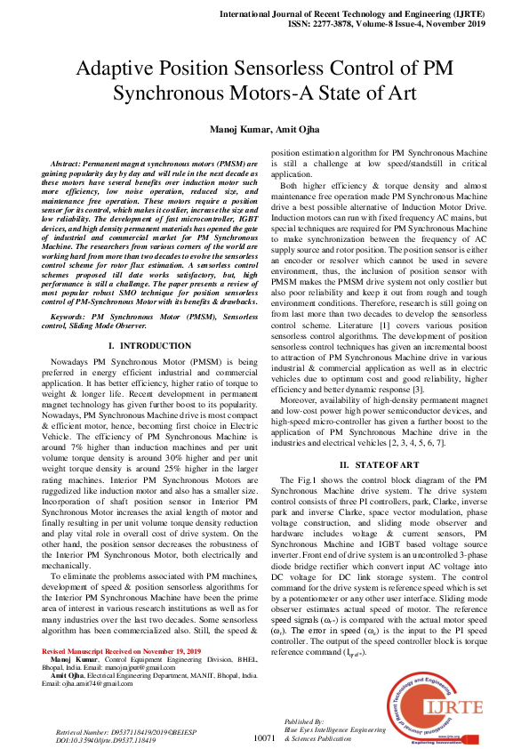(PDF) Adaptive Position Sensorless Control of PM Synchronous Motors-A State of Art