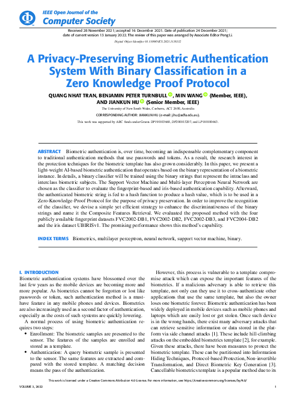Pdf A Privacy Preserving Biometric Authentication System With Binary