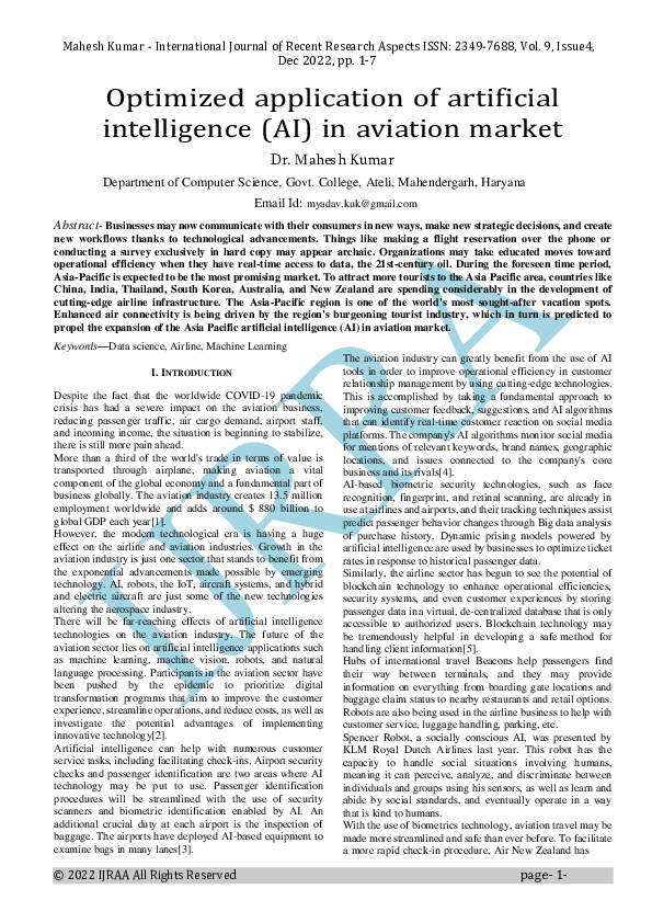 (PDF) Optimized application of artificial intelligence (AI) in aviation market