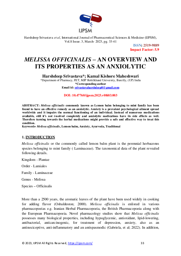 (PDF) MELISSA OFFICINALIS – AN OVERVIEW AND ITS PROPERTIES AS AN ANXIOLYTIC