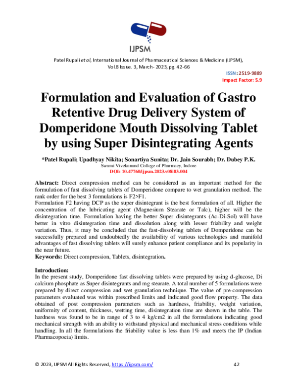 Pdf Formulation And Evaluation Of Gastro Retentive Drug Delivery System Of Domperidone Mouth