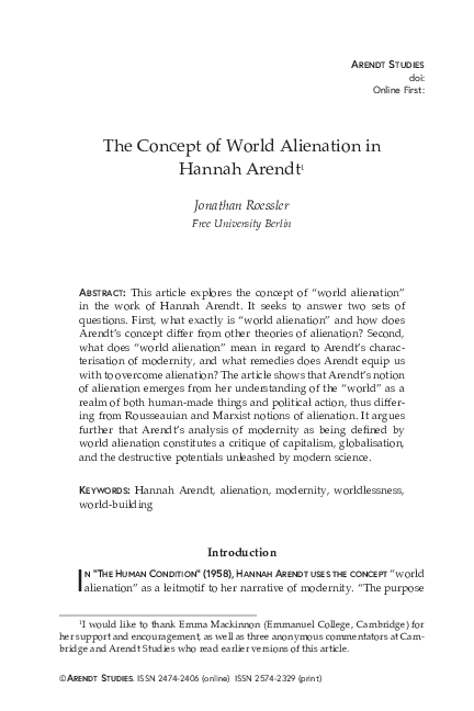 (PDF) The Concept of World Alienation in Hannah Arendt