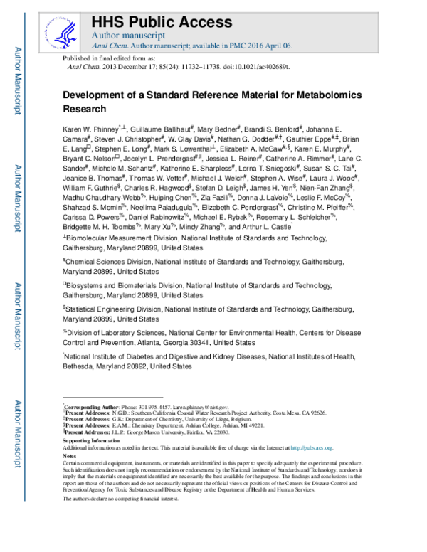 (PDF) Development of a Standard Reference Material for Metabolomics ...