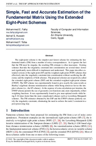 (PDF) Simple, Fast and Accurate Estimation of the Fundamental Matrix Using the Extended Eight ...