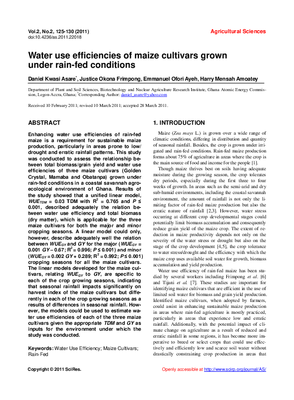 (PDF) Water use efficiencies of maize cultivars grown under rain-fed ...