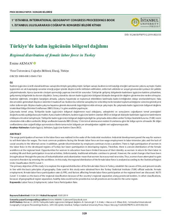 (PDF) Regional Distribution of Female Labor Force in Turkey