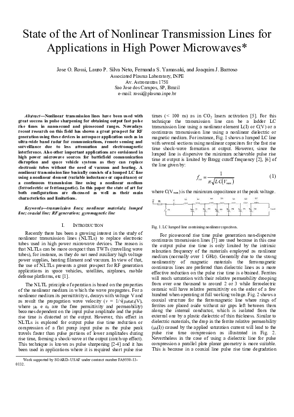 (PDF) State of the art of nonlinear transmission lines for applications in high power microwaves