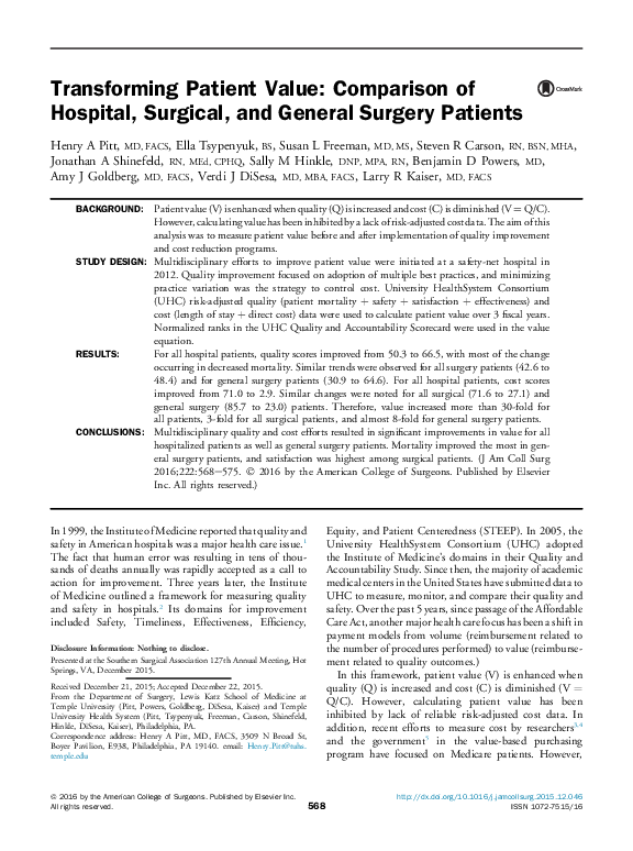 (PDF) Transforming Patient Value: Comparison of Hospital, Surgical, and ...