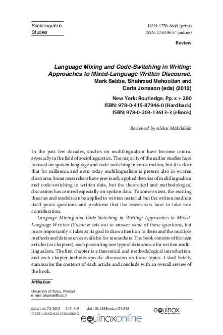 (PDF) Language Mixing and Code-Switching in Writing: Approaches to ...